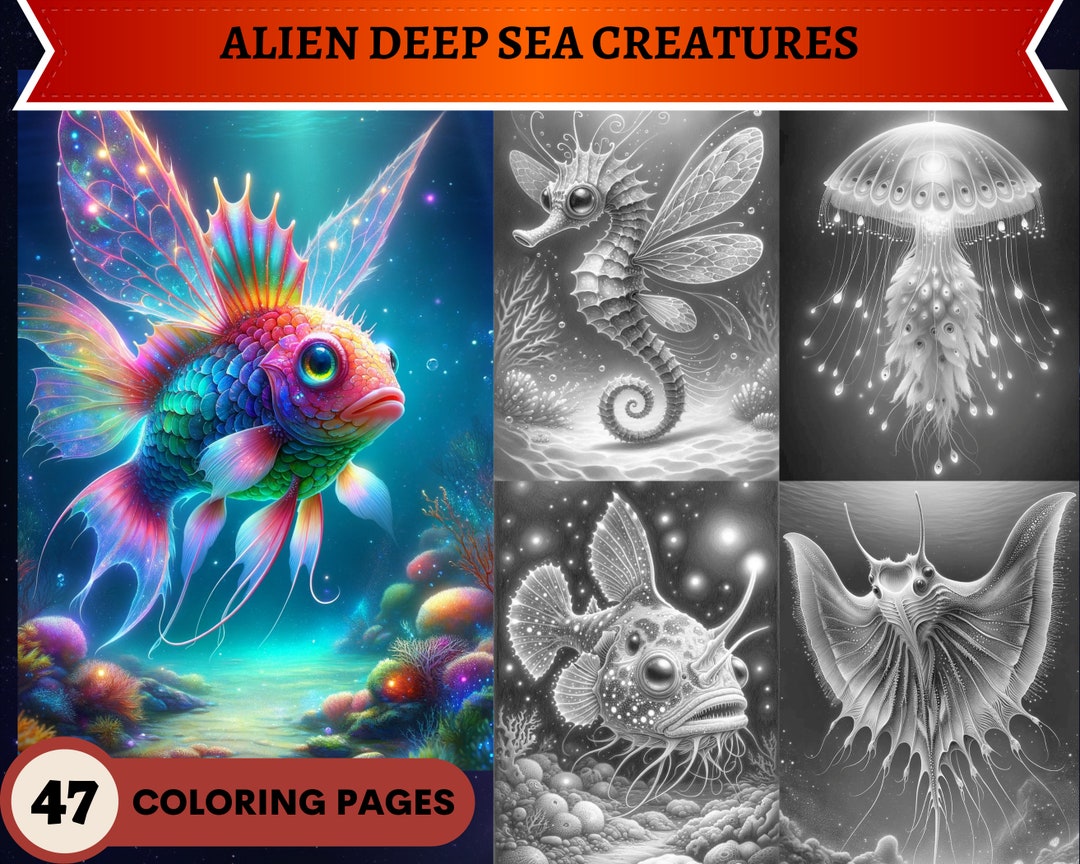 47 Alien Deep Sea Creatures Grayscale Coloring Pages | Ocean Alien Life ...