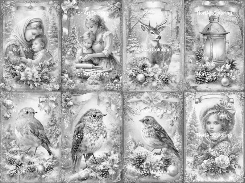 64 Golden Christmas Grayscale Coloring Pages for Adults | Instant ...