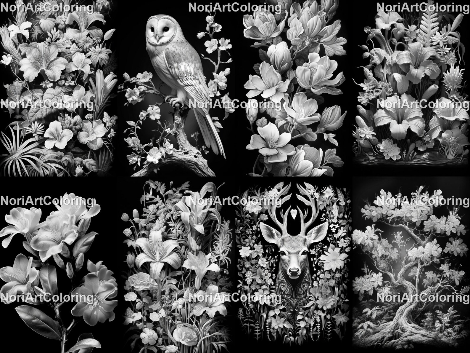 56 Flora and Fauna Fantasia Grayscale Coloring Pages | Animals Flowers ...