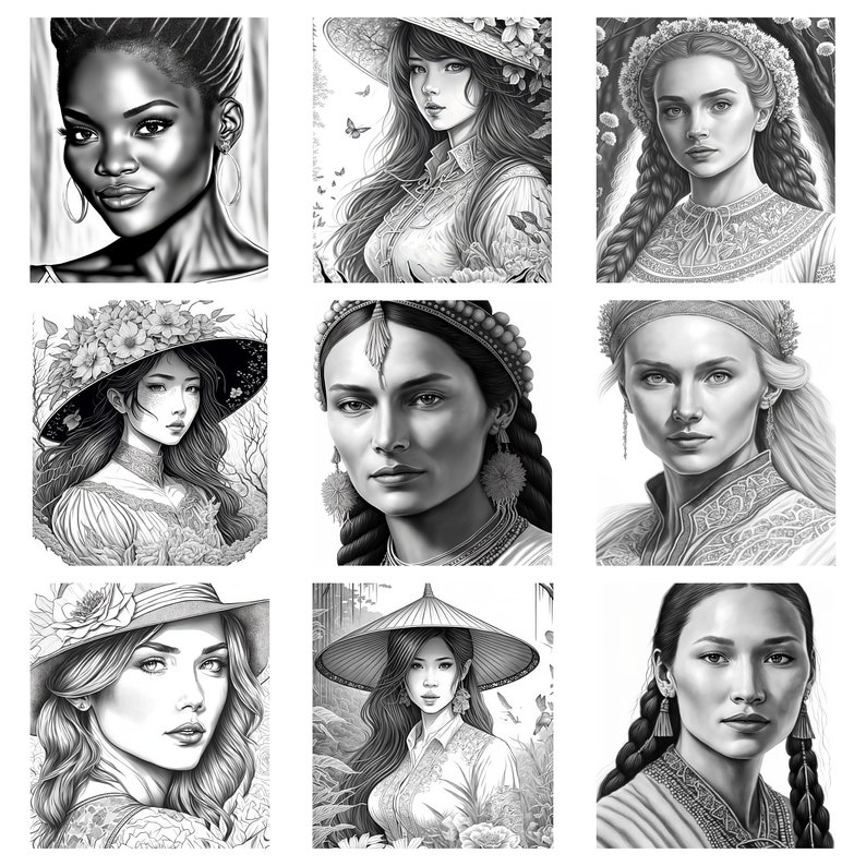35 Grayscale Beautiful Women Coloring Book Printable Adult - Etsy