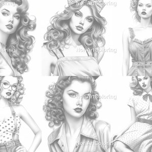 53 Pin-up Girls Grayscale Coloring Pages | '40s '50's Fashion Girls ...