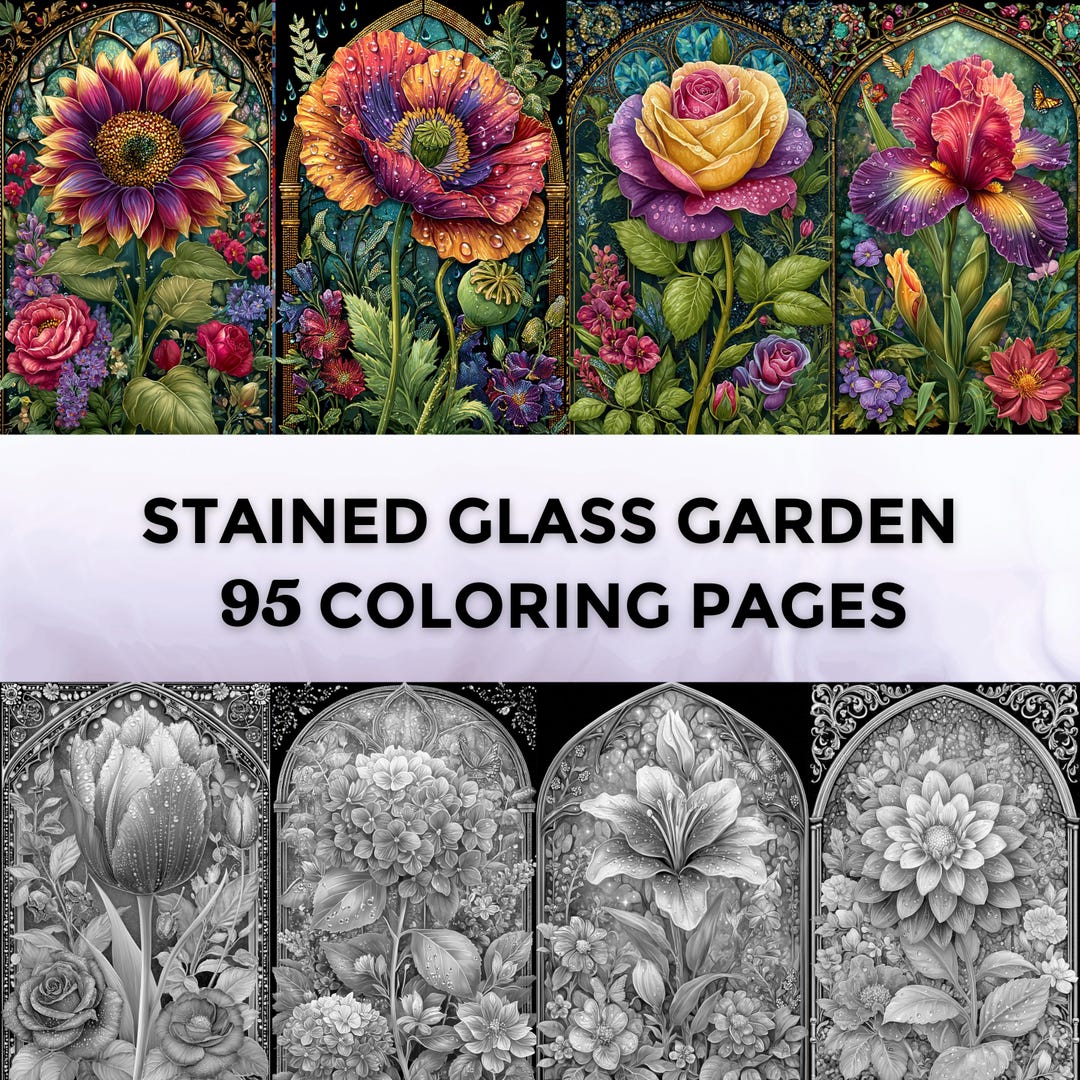 95 Stained Glass Garden, Flowers Coloring Book, Coloring Bundle ...