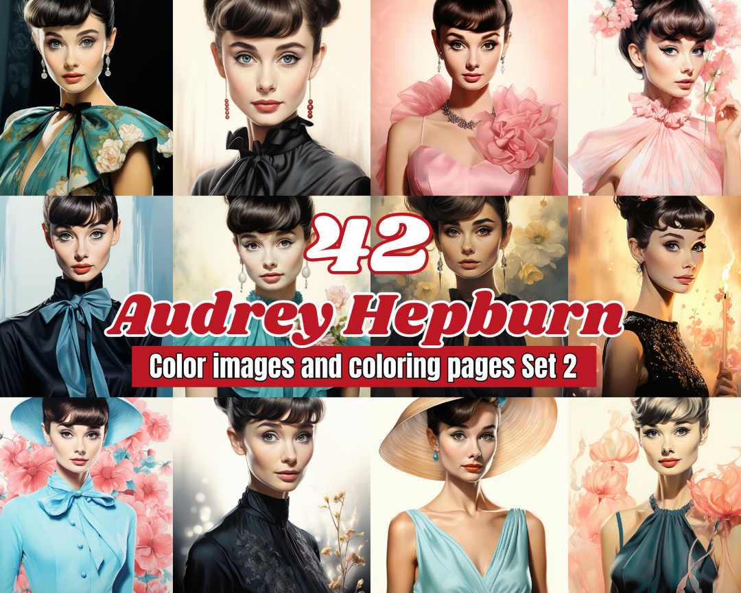 42 Audrey Hepburn Color Clipart & Grayscale Coloring Pages Set 2 ...