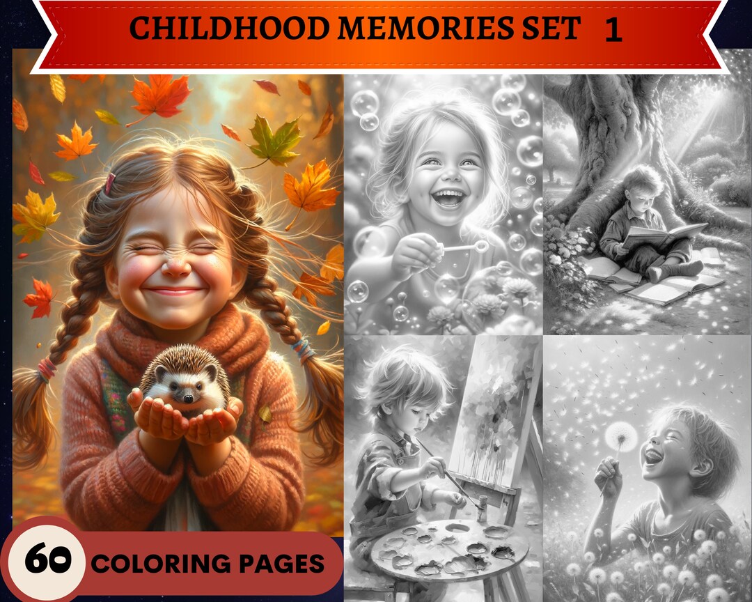 60 Childhood Memories Set 1 Grayscale Coloring Pages | Printable Adult ...