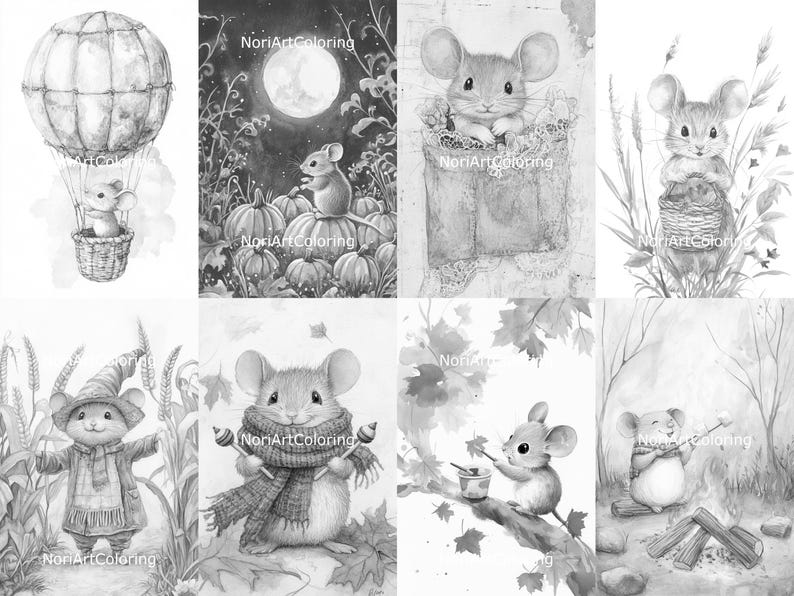 55 Mouse Fall Set 2 Grayscale Coloring Pages Cute Funny Mouse Mice ...