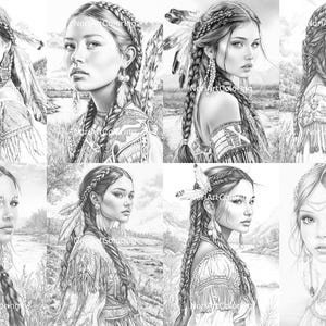 58 Native American Women and Men Grayscale Coloring Pages | Digital ...