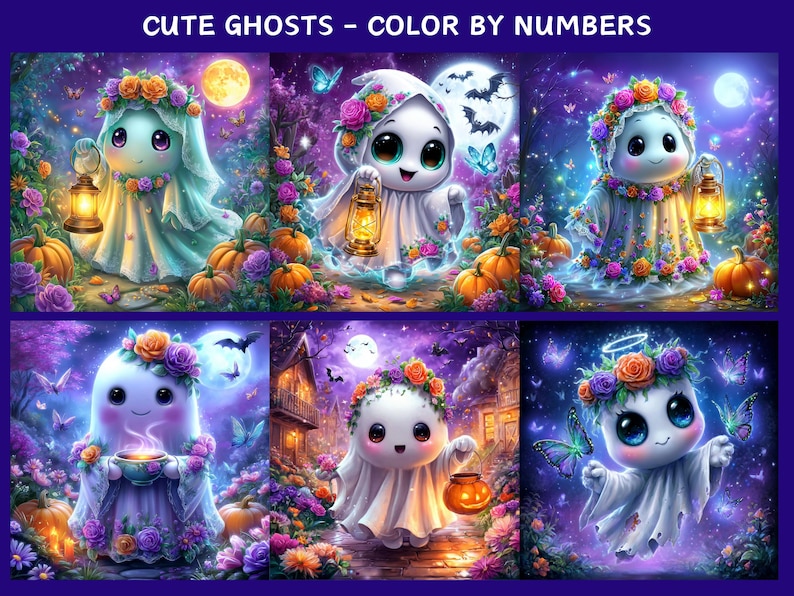36 Cute Ghosts Color by Number Pages, Digital Coloring Pages, Paint by ...