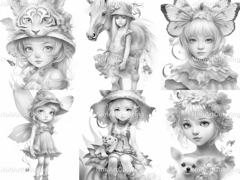 32 Cute Little Fairies Set 4 Coloring Pages (with Tiger, Birds, Horses ...