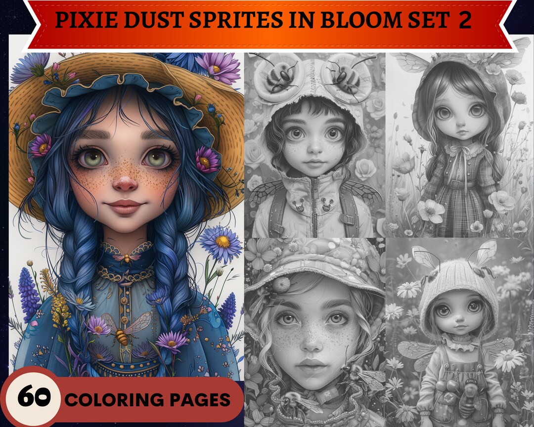 60 Pixie Dust Sprites in Bloom Set 2 Grayscale Coloring Pages ...
