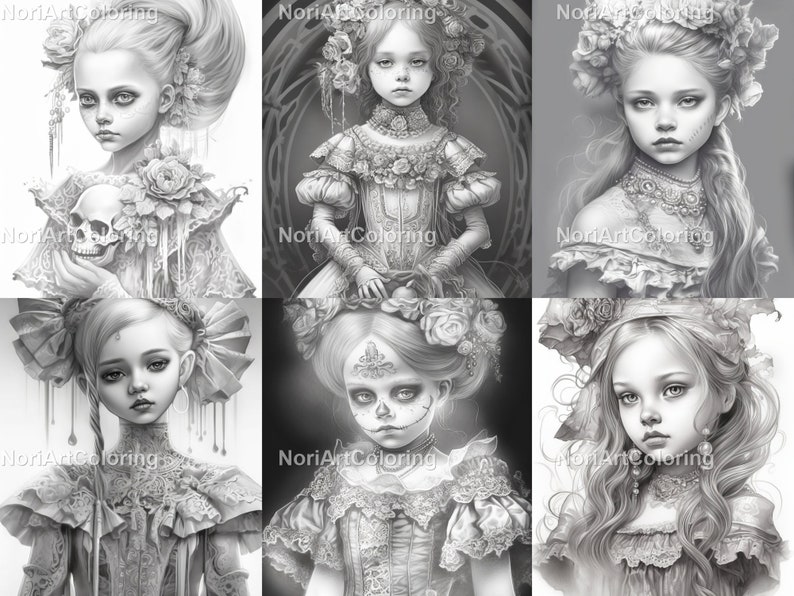 30 Gothic Girls Set 1 Coloring Pages | Bright, Medium and Dark Versions ...