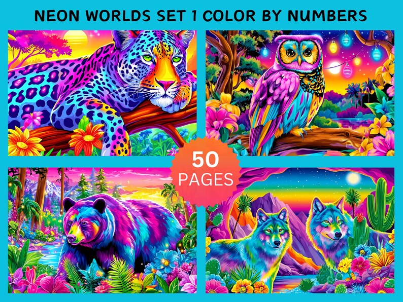 50 Neon Worlds Set 1 Color by Number Pages, Digital Coloring Pages ...