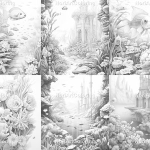 53 Underwater Gardens Grayscale Coloring Pages | Ocean Flowers Fishes ...