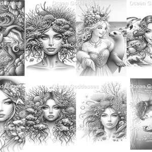65 Ocean Goddesses Grayscale Coloring Pages | Printable Adult Coloring Pages | Download ...