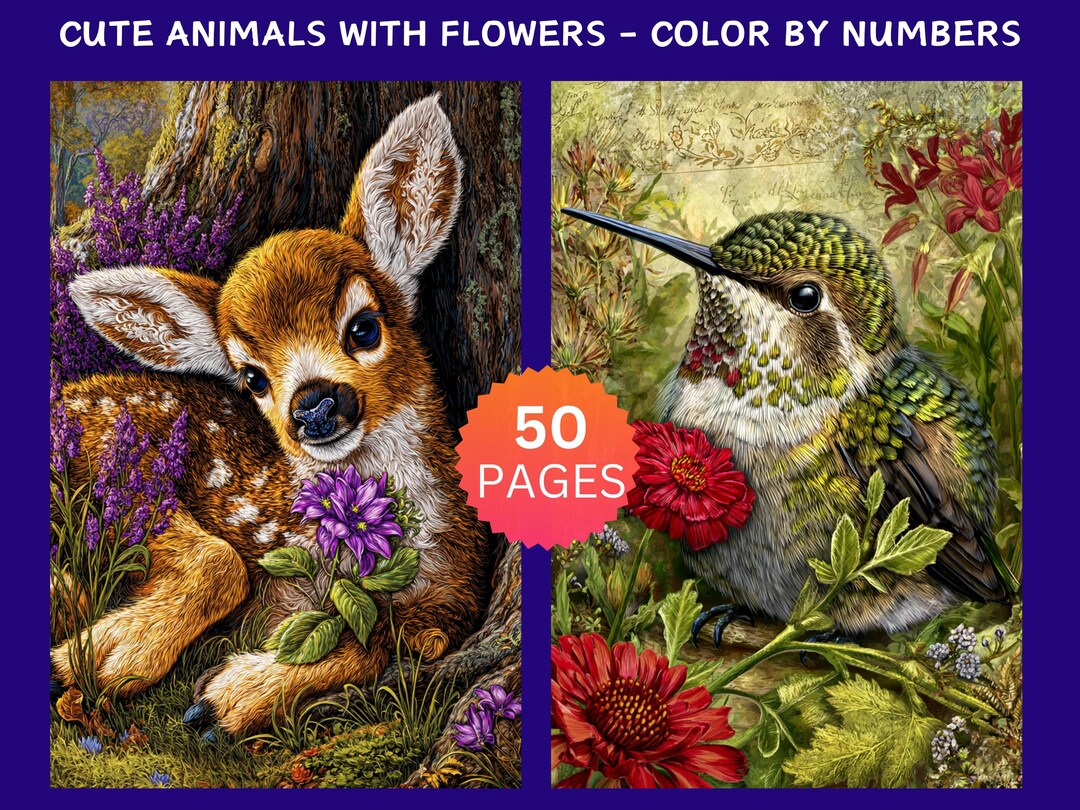 Buy 50 Cute Animals With Flowers Set 1 Color by Number Pages, Digital ...