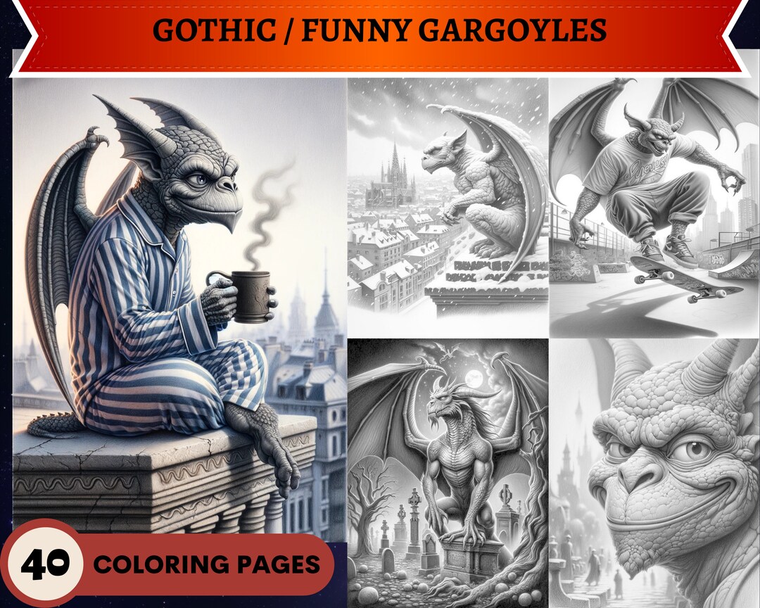40 Adult Gargoyles Grayscale Coloring Pages | Printable Adult Coloring ...