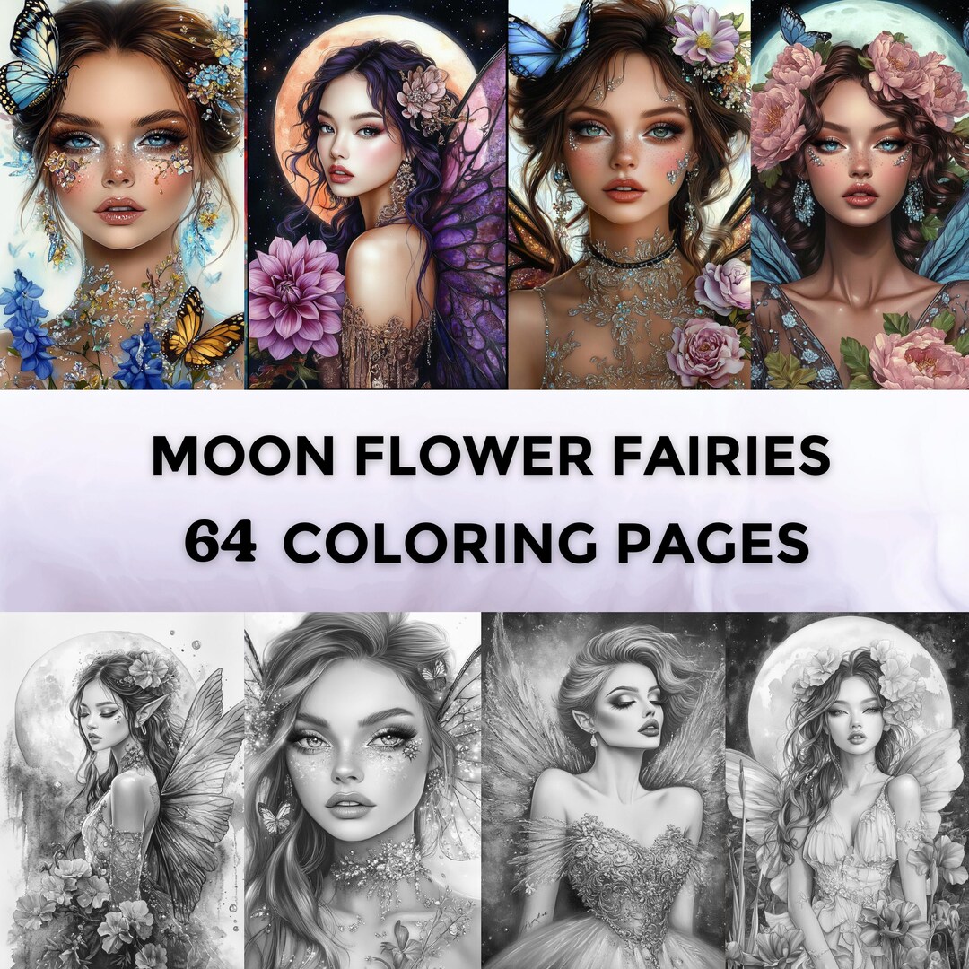 64 Moon Flower Fairies Grayscale Coloring Pages | Printable Adult ...