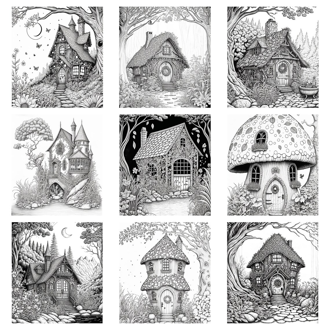 Grayscale Fairy Houses Coloring Book Printable Adult - Etsy