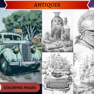 43 Antiques Grayscale Coloring Pages Set | Trucks Ships Typewriter ...