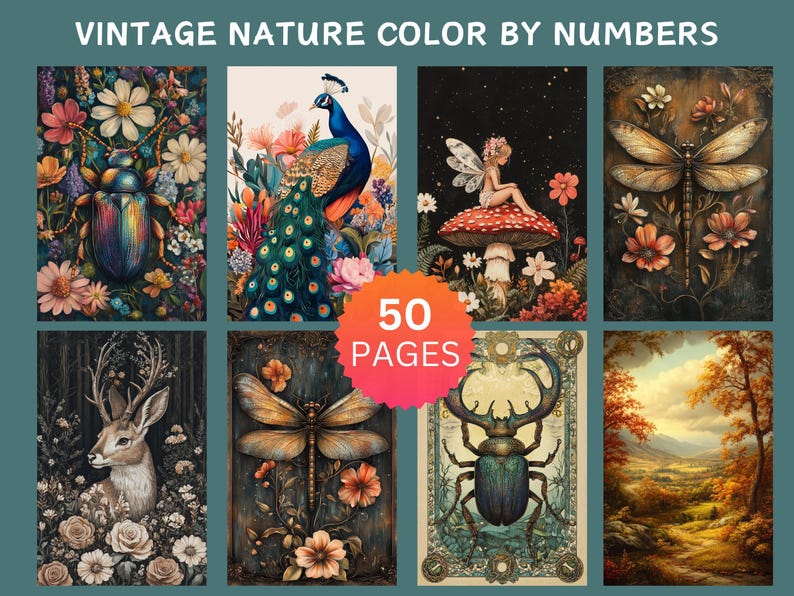 50 Vintage Nature Color by Number Pages, Digital Coloring Pages, Paint ...