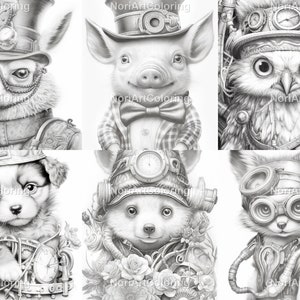 28 Steampunk Baby Animals Set 2 Grayscale Coloring Pages | Printable ...