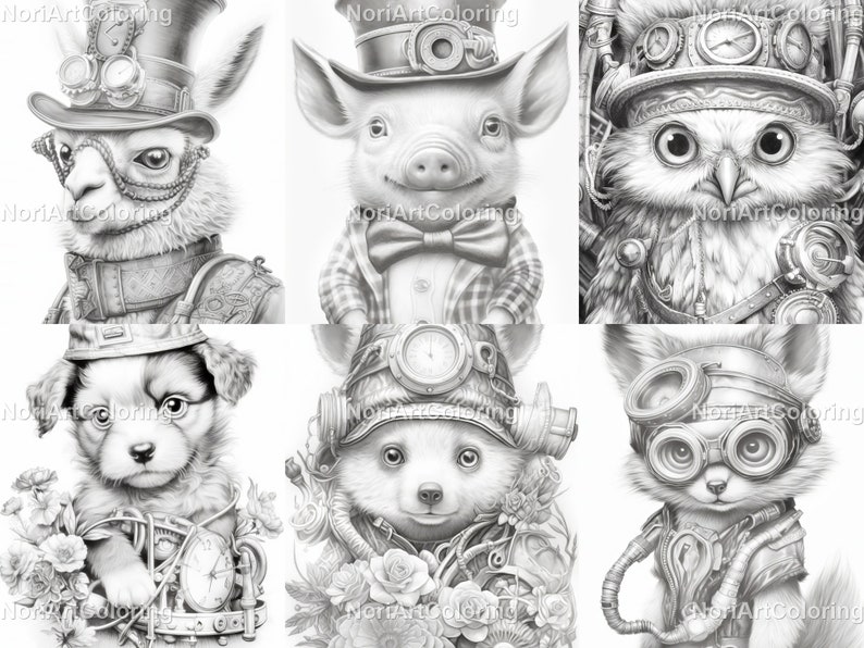 28 Steampunk Baby Animals Set 2 Grayscale Coloring Pages - Etsy