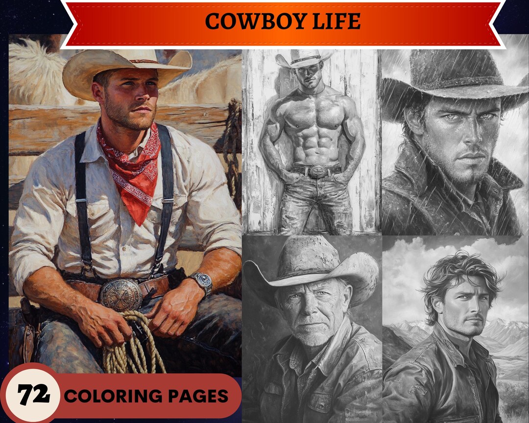 72 Cowboy's Life Grayscale Coloring Pages | Printable Adult Coloring ...