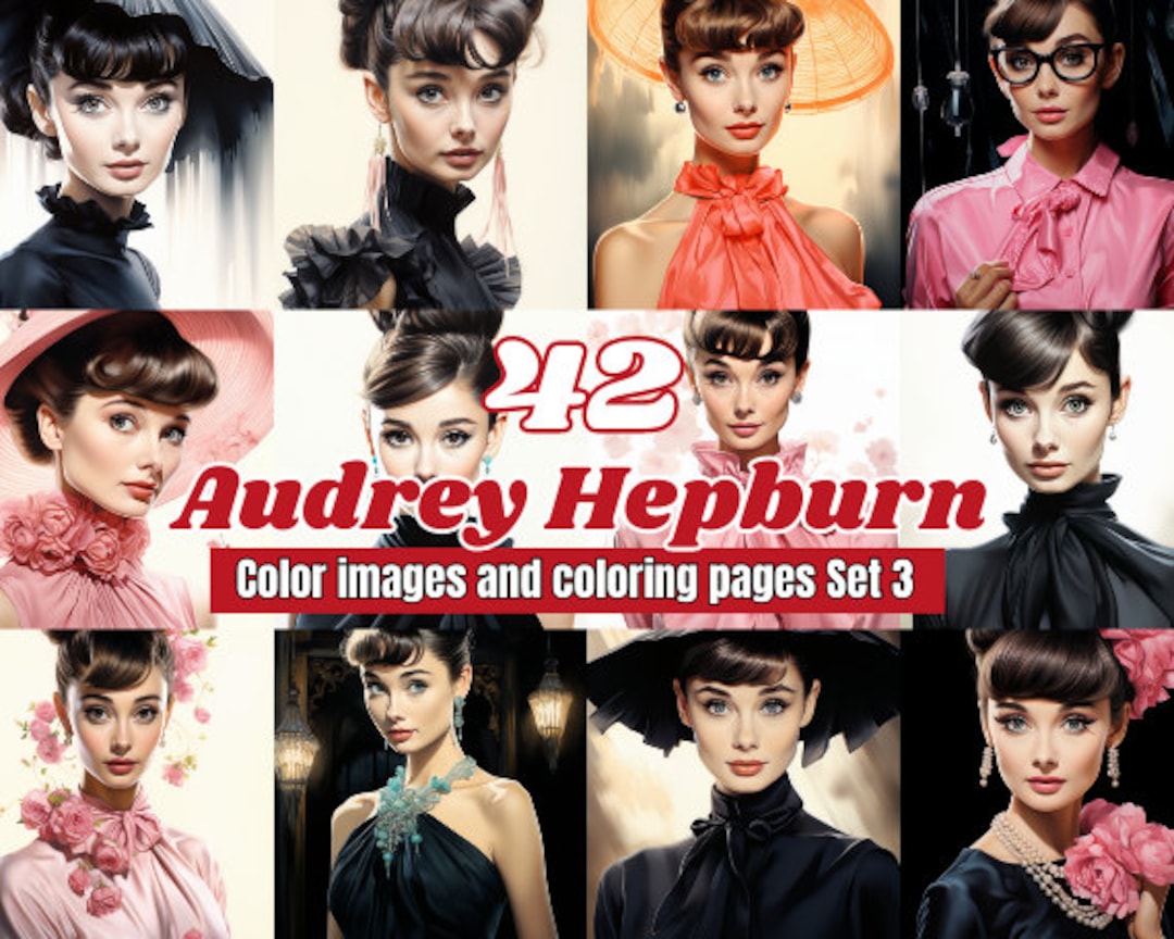 42 Audrey Hepburn Color Clipart & Grayscale Coloring Pages Set 3 ...