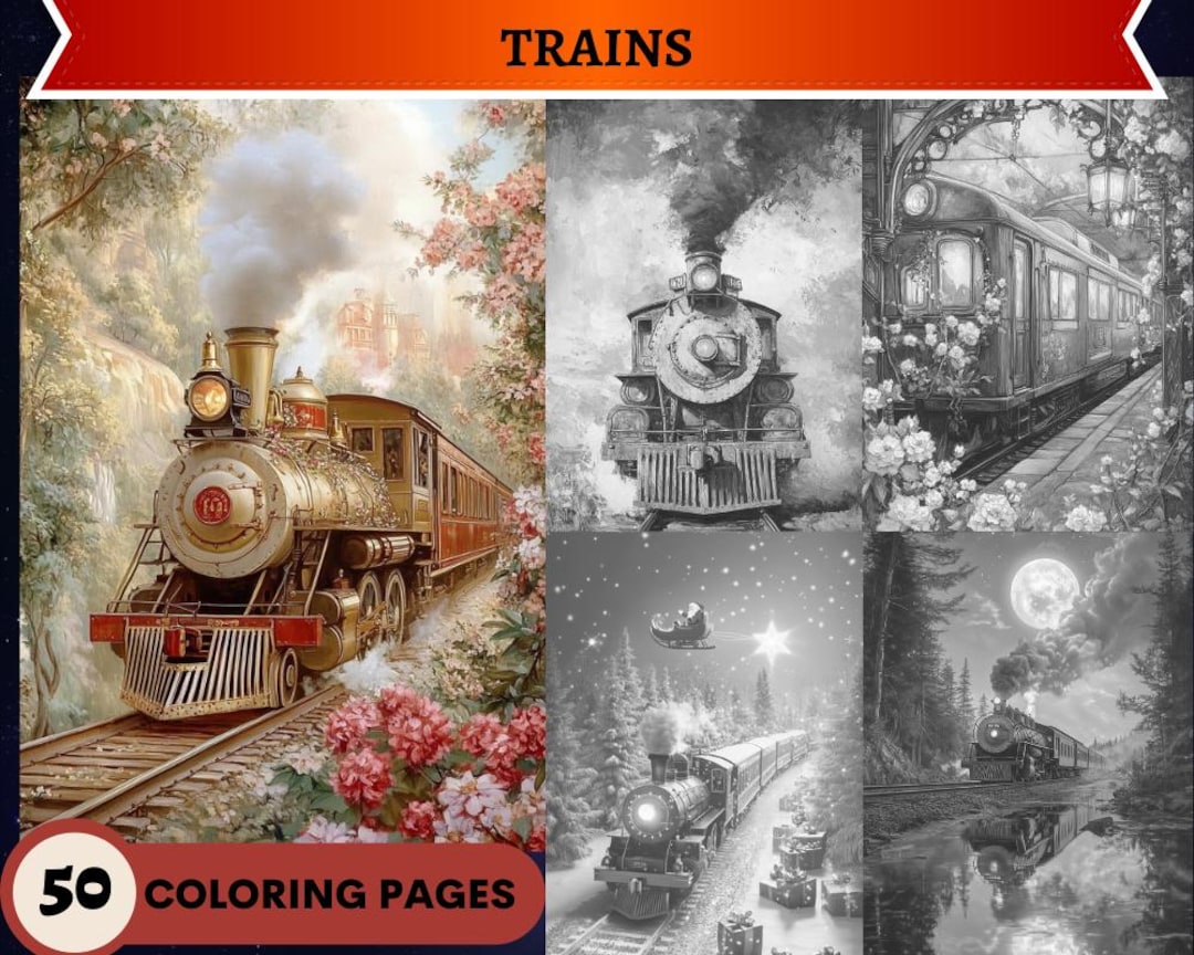 Trains Coloring Page Book, Fantasy Coloring Book, Adult Coloring Book ...