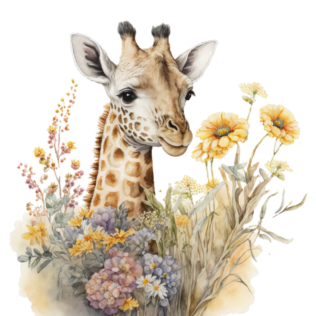 Watercolor Giraffe With Flowers, PNG on Transparent Background, Cute ...