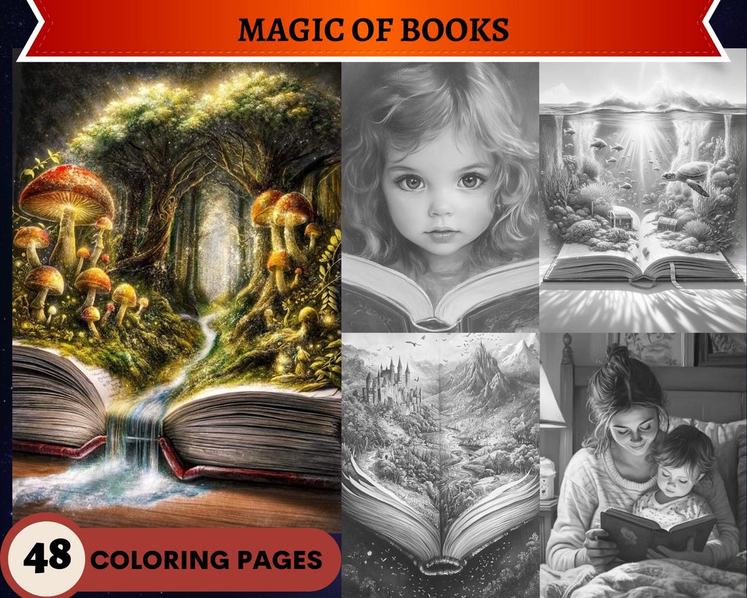 48 Magic of Books Grayscale Coloring Pages | Mystical Creatures | Book ...