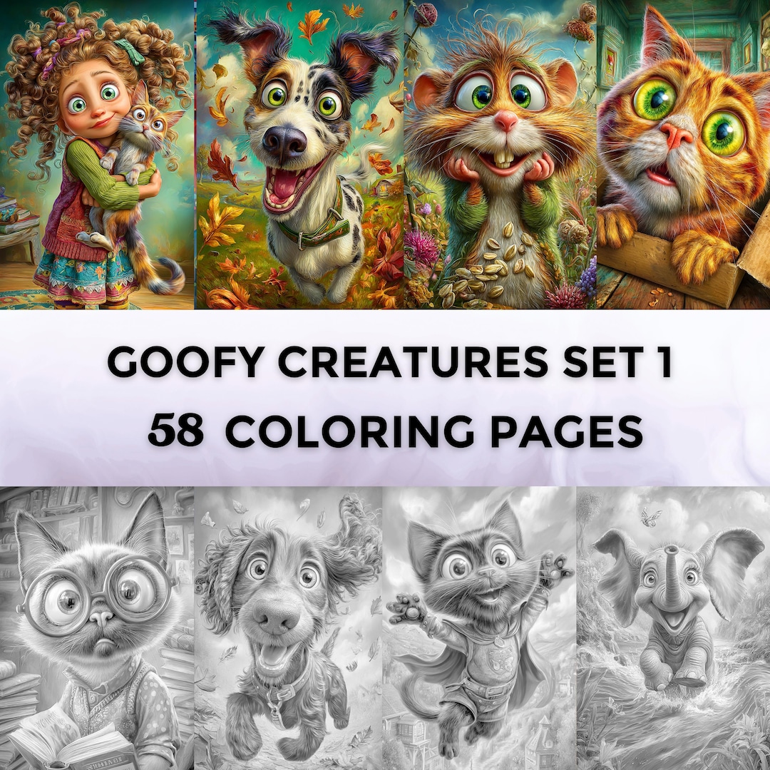 58 Goofy Creatures Set 1 Grayscale Coloring Pages | Printable Adult ...