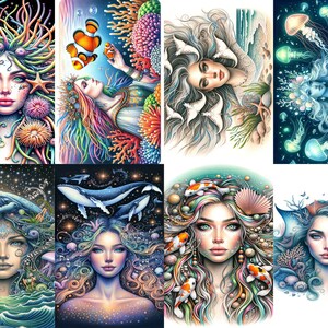 65 Ocean Goddesses Grayscale Coloring Pages | Printable Adult Coloring ...