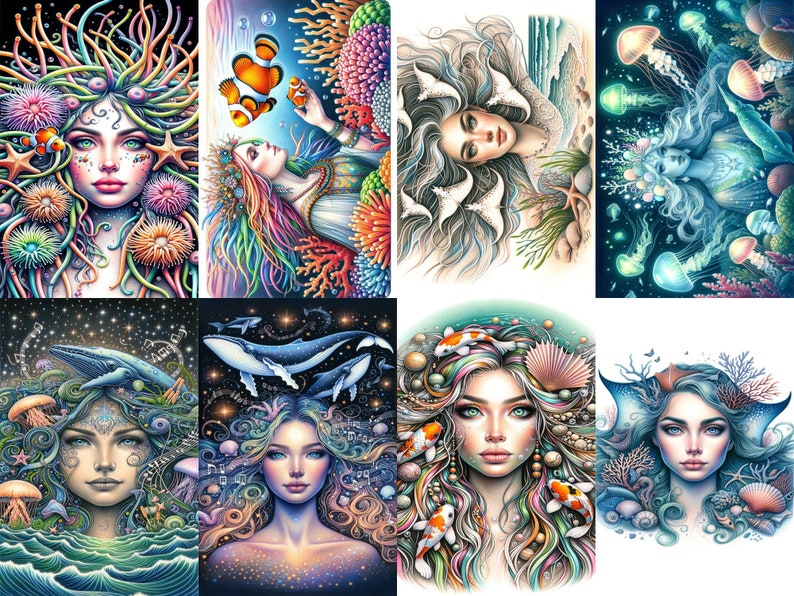 65 Ocean Goddesses Grayscale Coloring Pages | Printable Adult Coloring ...