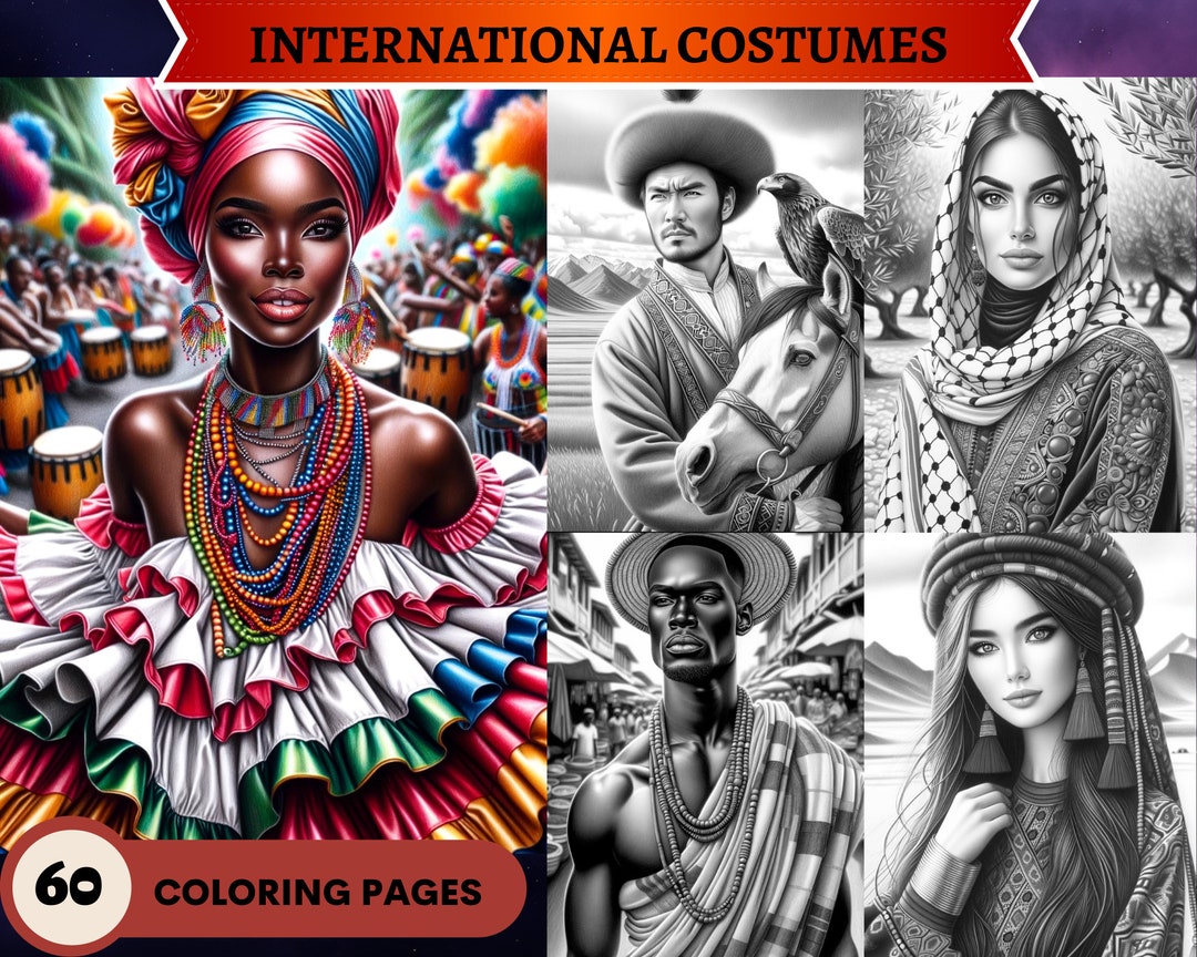 60 International Costumes Grayscale Coloring Pages | Printable Adult ...