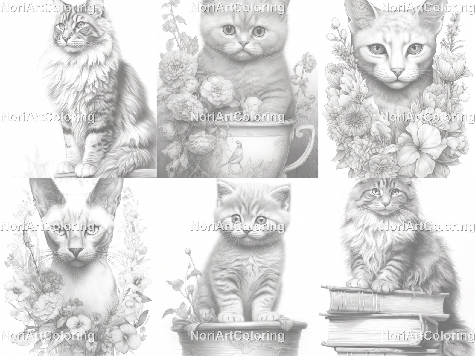 61 Cats Different Breeds |grayscale Coloring Pages | Printable Adult ...
