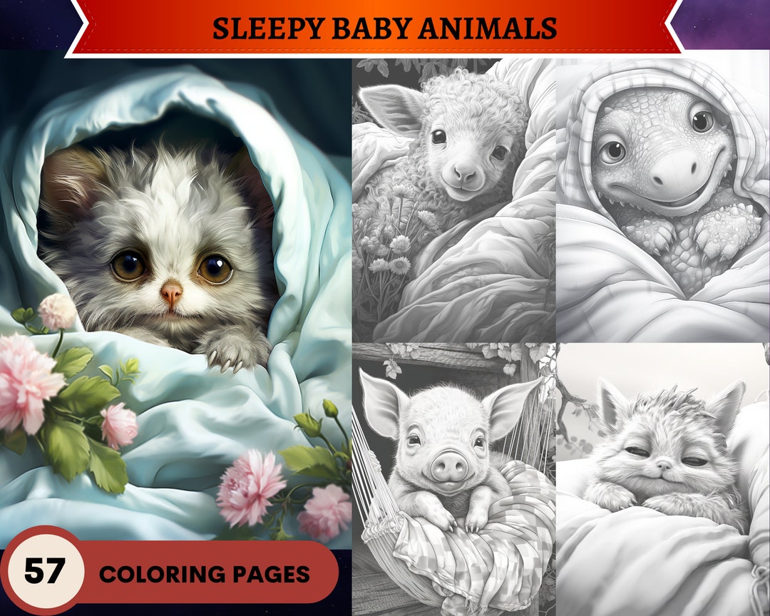 57 Cute Sleepy Baby Animals Grayscale Coloring Pages | Printable Adult ...