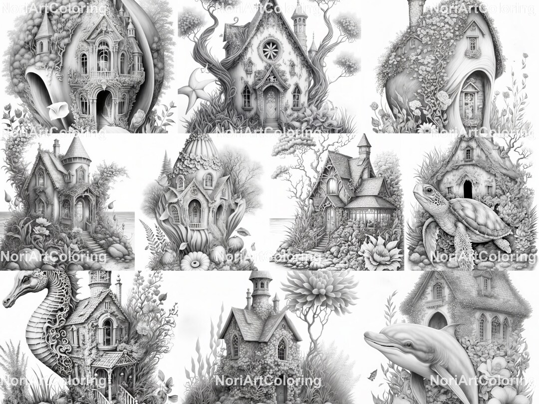 20 Grayscale Ocean Fairy Houses Coloring Book Set 1 - Etsy