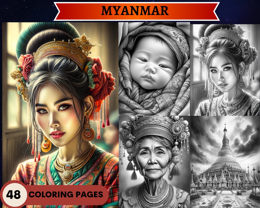 48 Myanmar People Landscapes Food Traditions Grayscale Coloring Pages ...