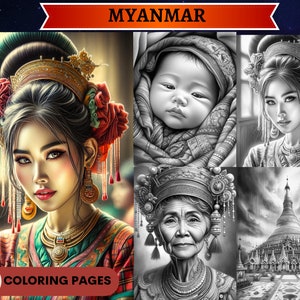 48 Myanmar People Landscapes Food Traditions Grayscale Coloring Pages ...