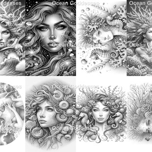 65 Ocean Goddesses Grayscale Coloring Pages | Printable Adult Coloring ...