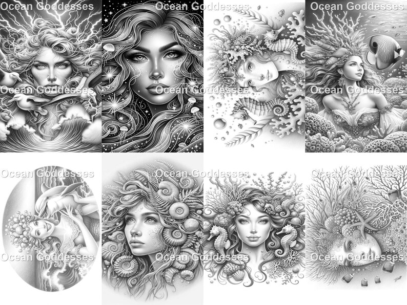 65 Ocean Goddesses Grayscale Coloring Pages | Printable Adult Coloring ...