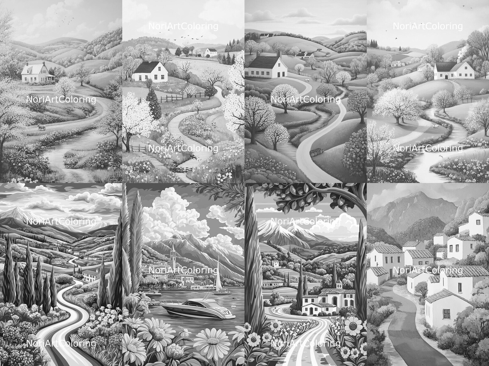 58 Travel Posters Grayscale Adults Coloring Pages | Landscapes ...