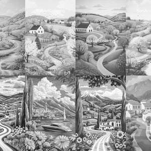 58 Travel Posters Grayscale Adults Coloring Pages | Landscapes ...