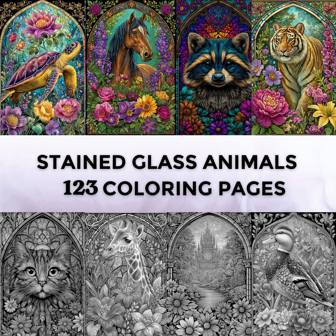 123 Stained Glass Animals Grayscale Coloring Pages | Printable Cute ...