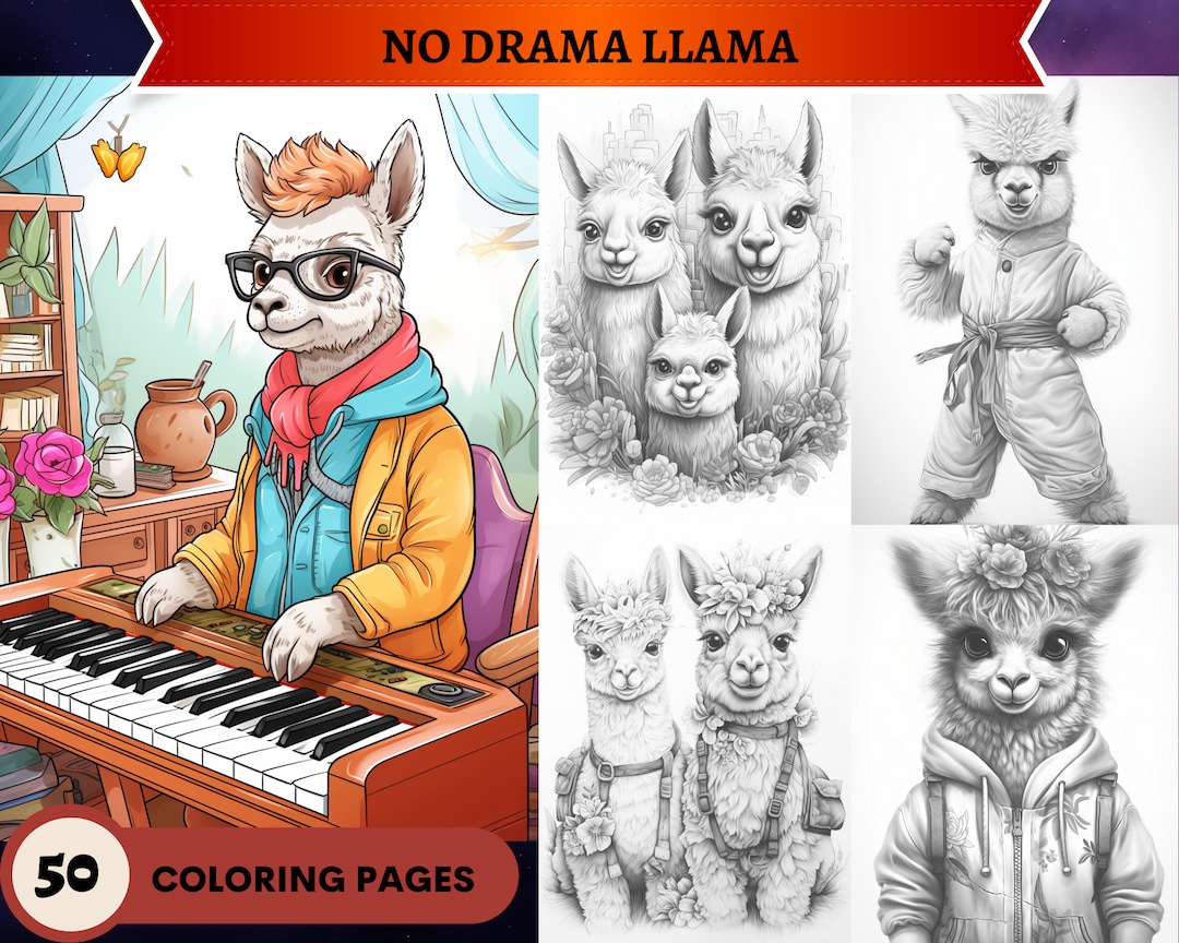 50 No Drama Llama Grayscale Coloring Pages | Cute Funny Llamas ...