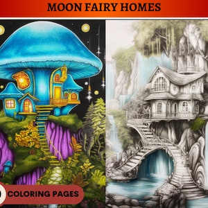 40 Grayscale Moon Fairy Houses Coloring Book Printable Adult Coloring ...