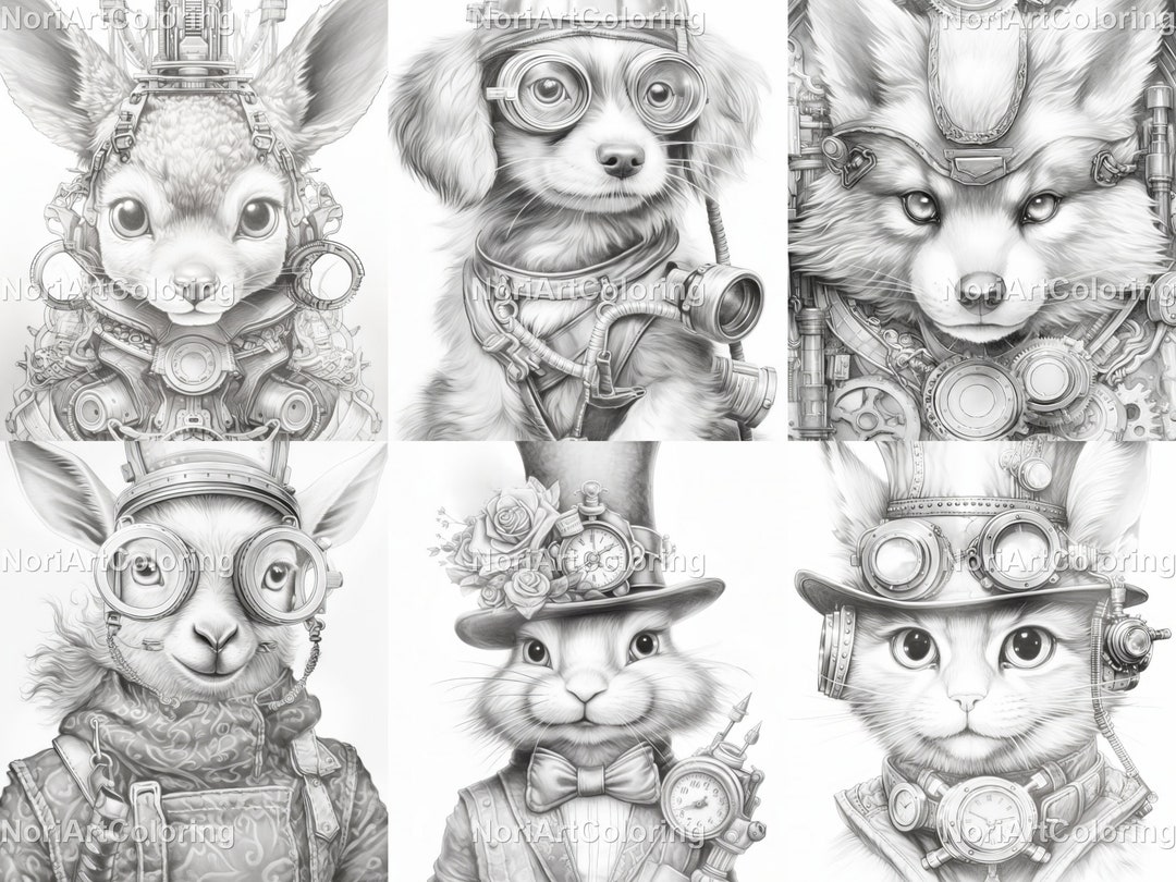28 Steampunk Baby Animals Set 2 Grayscale Coloring Pages | Printable ...