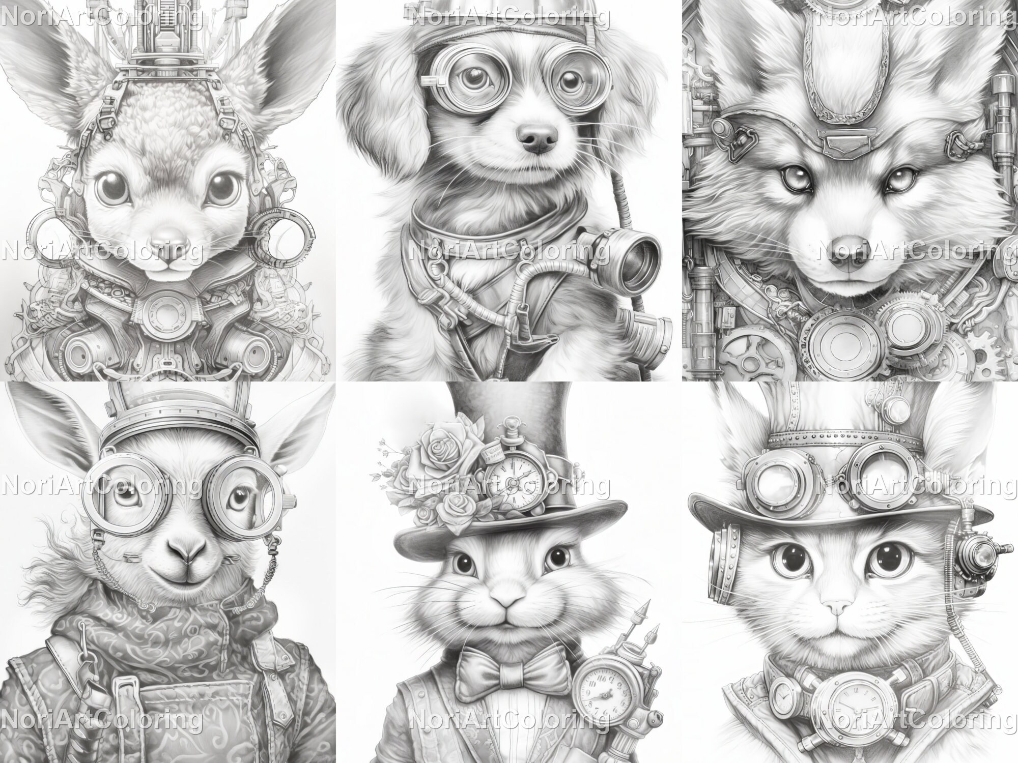 28 Steampunk Baby Animals Set 2 Grayscale Coloring Pages - Etsy