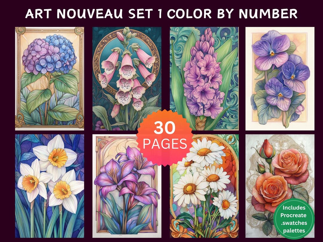 30 Art Nouveau Botanical Flowers Set 1 Color by Number Pages, Digital ...