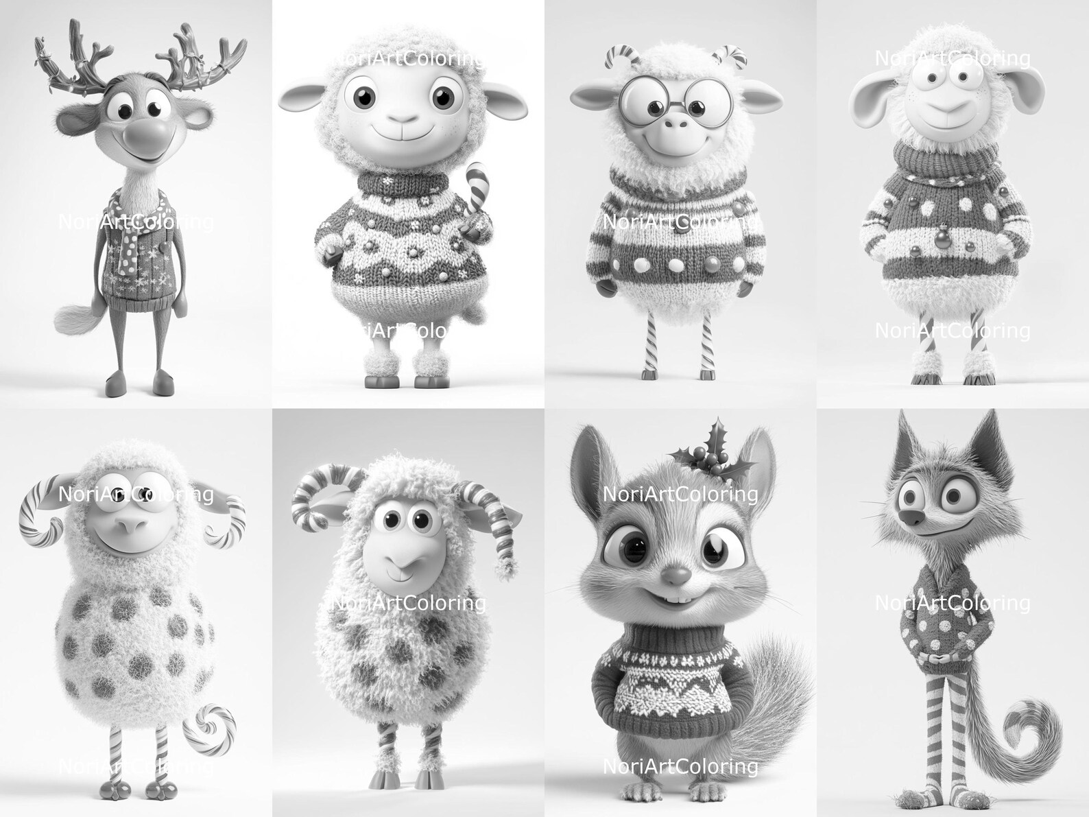100 Whimsical Christmas Animals Grayscale Coloring Pages for Adults ...